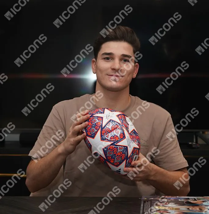 Julian Alvarez Signed UEFA Champions League Final Football In Acrylic Case