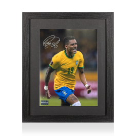 Raphinha Signed Brazil Photo In Black Wooden Frame: Goal vs Paraguay